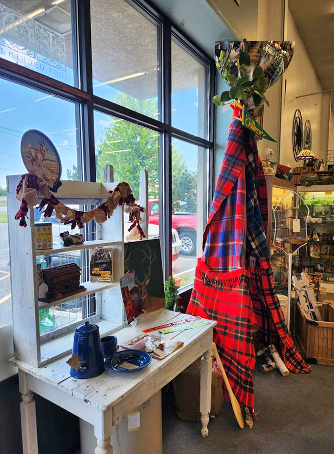 Plaid blankets and rustic displays by sunlit windows &ndash; like your coolest grandparent's cabin got reimagined as a shopping experience.