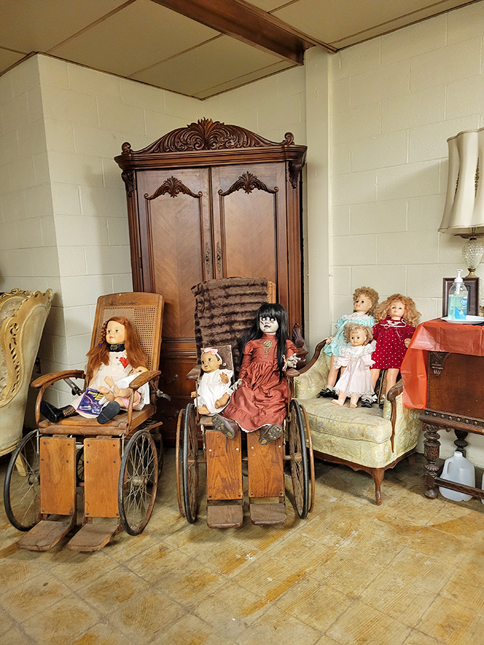 Not exactly the tea party guests you'd hope for! These antique dolls seem to follow you with their eyes as you move through the room.