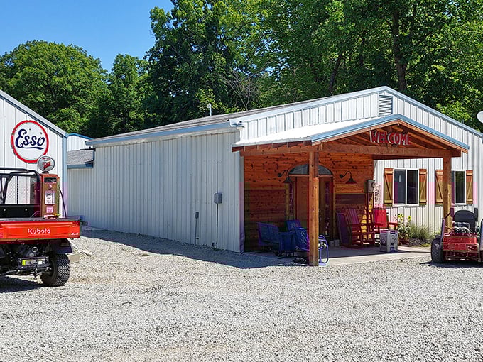 Nothing says "authentic small-town America" like a rustic welcome center with rocking chairs. It's like Norman Rockwell painted a selfie station.