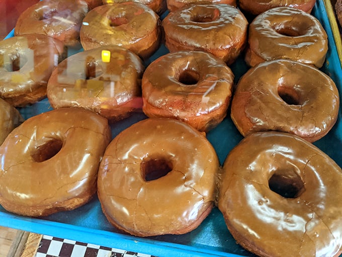 Glazed donuts lined up like edible soldiers ready to sweeten your day, one pillowy bite at a time.