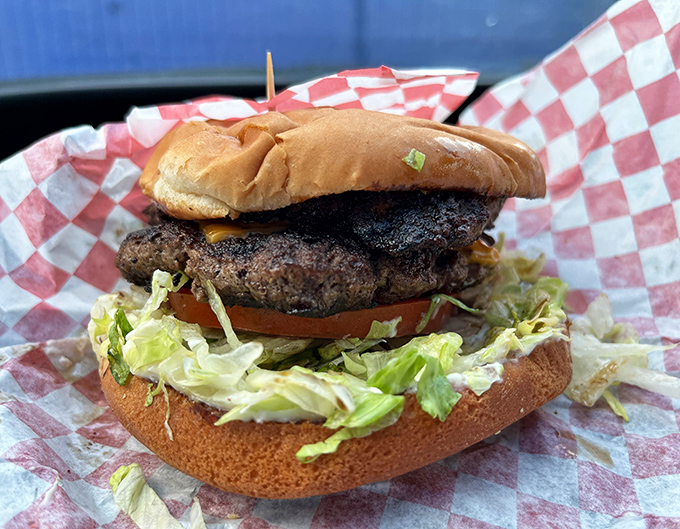 This isn't just a cheeseburger; it's a masterclass in American comfort food architecture, complete with the perfect lettuce-to-patty ratio.