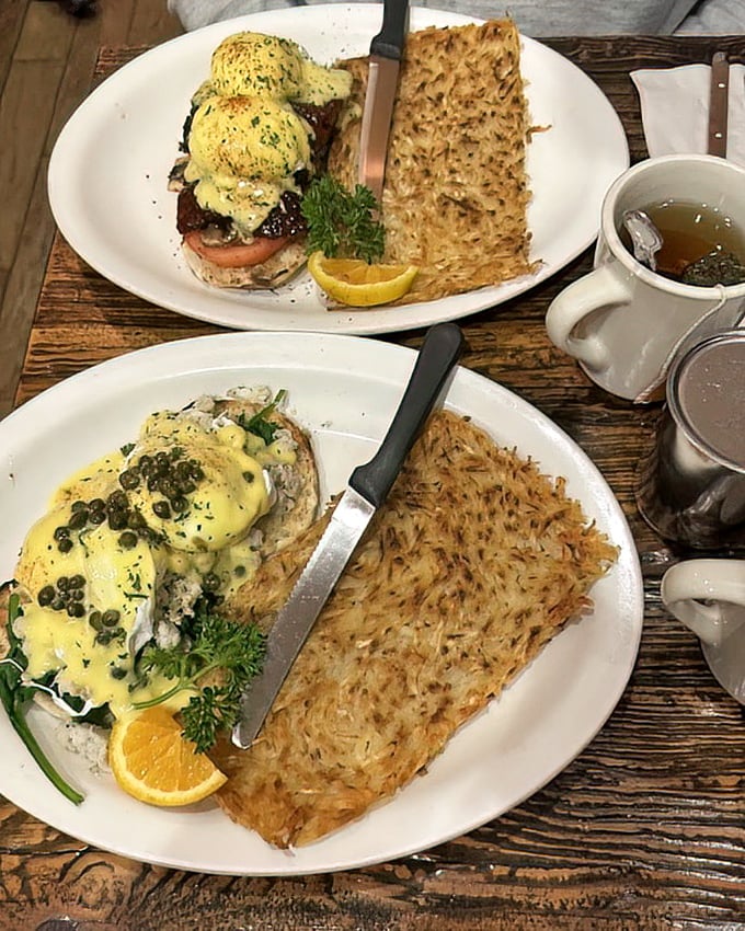 Benedict perfection: poached eggs perched atop their English muffin thrones, with hash browns that could make a potato weep with pride.