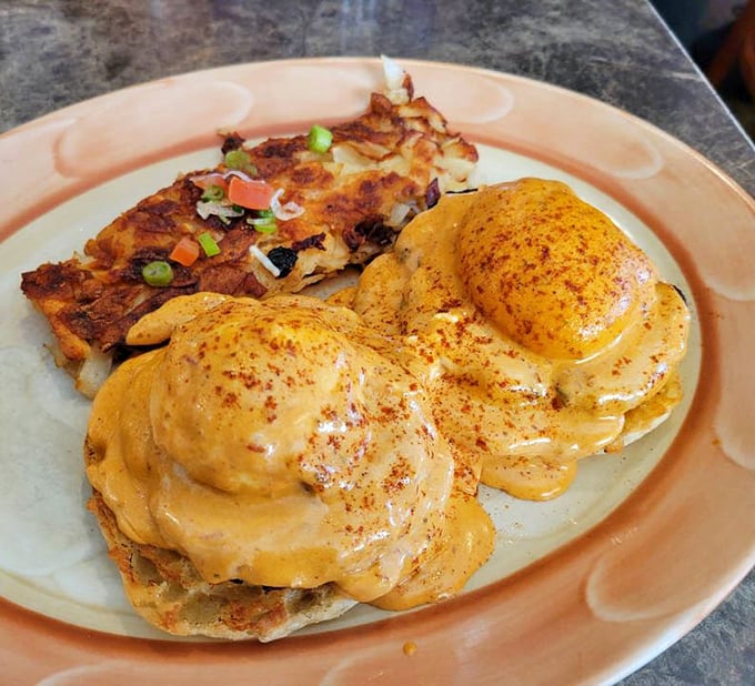 Eggs Benedict elevated to an art form, with perfectly poached eggs draped in hollandaise that practically glows with lemony richness.