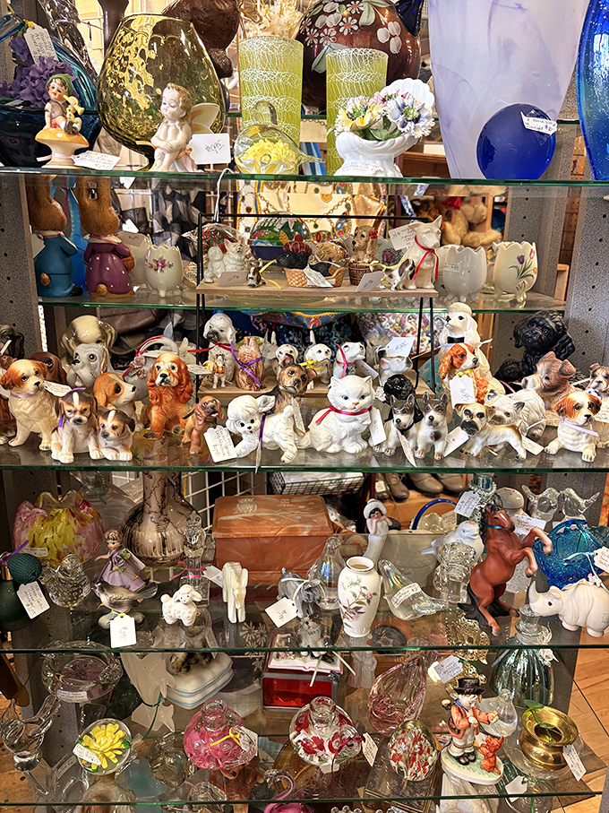A glass menagerie of ceramic companions awaits adoption. These figurines have witnessed decades of history from their display case perches.