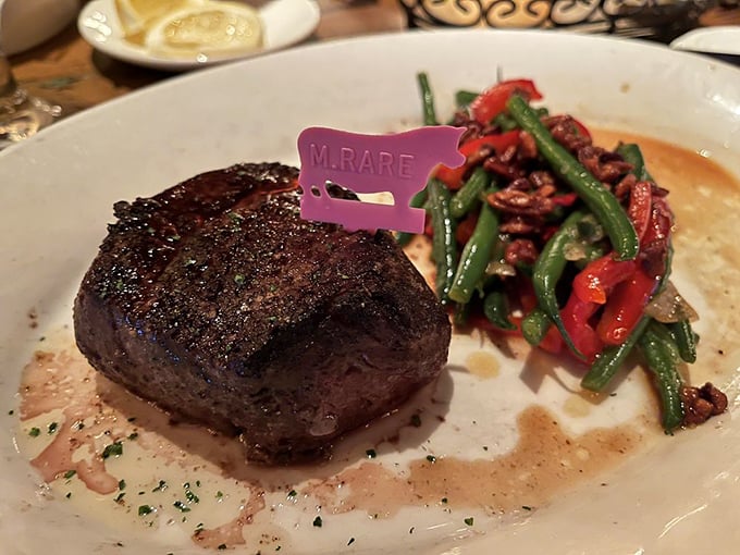 The filet mignon arrives with its own temperature indicator, as if to say, "Yes, we take your 'medium-rare' request as seriously as you do."