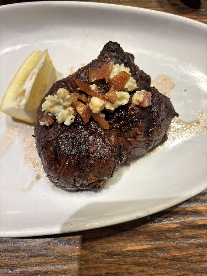 A filet mignon topped with blue cheese and nuts that would make even the most dedicated vegetarian question their life choices.