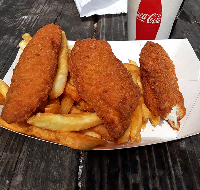Golden-brown fish fillets nestled among crispy fries - comfort food that makes you wonder why anyone bothered inventing molecular gastronomy.