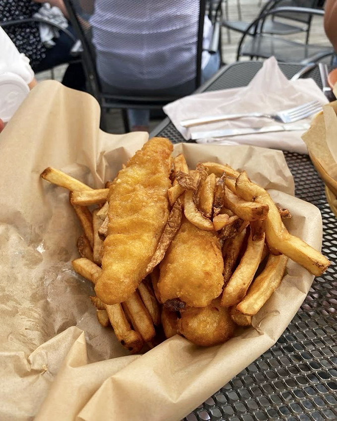 Fish and chips that would make a British pub jealous&mdash;golden, crispy batter protecting flaky white fish like it's guarding the crown jewels.