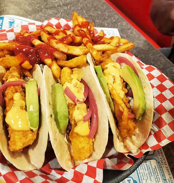 Fish tacos that would make coastal towns jealous, served with a side of New Hampshire chutzpah. That avocado isn't just garnish&mdash;it's commitment to excellence.