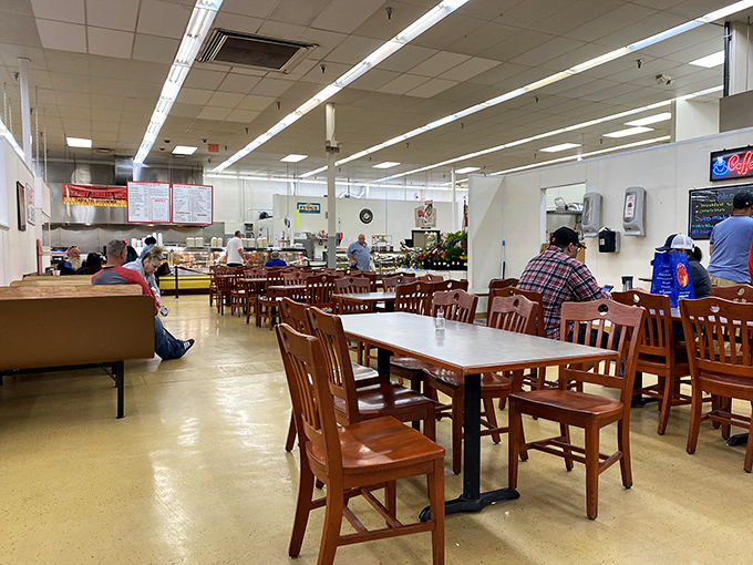 The market's food court offers a moment of respite for weary shoppers, where deals and meals create the perfect shopping intermission.