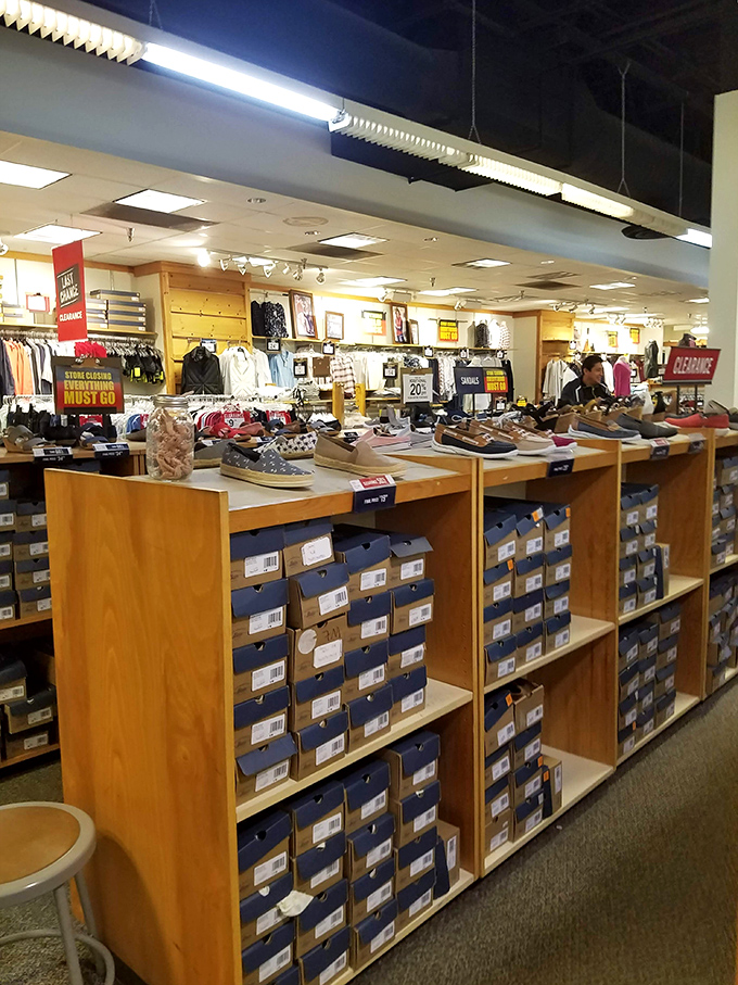 Shoe heaven exists, and it's organized by size. Browse these wooden shelves of footwear possibilities without the usual retail markup.