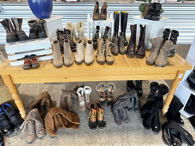 Boot heaven exists, and it's arranged on this rustic wooden table where leather stories wait for new chapters with your feet as the main characters.