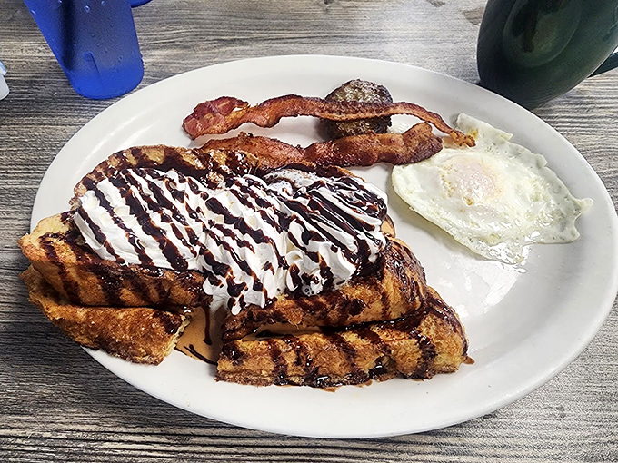 French toast drizzled with chocolate &ndash; because sometimes breakfast needs to feel like dessert got up early.