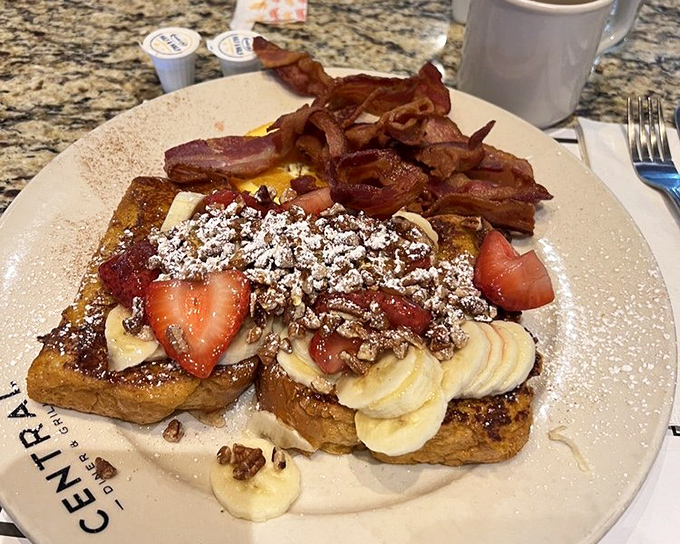 French toast that's dressed for success with fresh strawberries, bananas, and enough powdered sugar to make Scarface do a double-take.