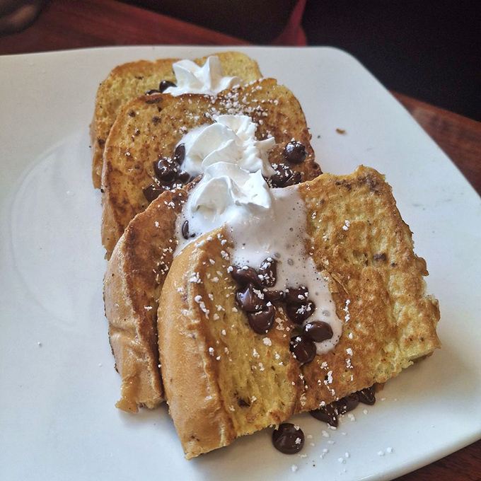 French toast that doesn't need a passport to transport you to breakfast heaven, complete with chocolate chips.