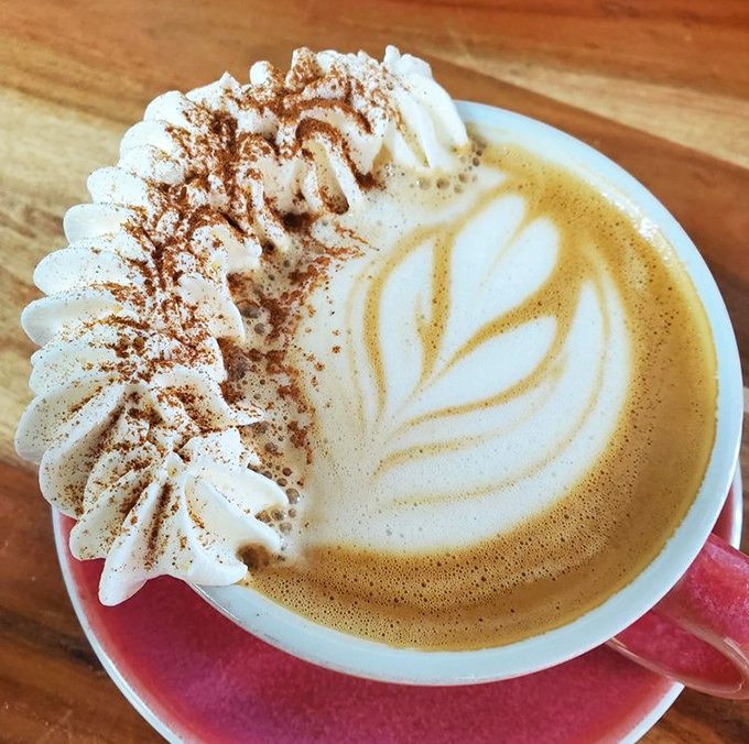 Latte art so pretty you almost don't want to drink it. Almost. That whipped cream mountain with cinnamon dust trails would make Michelangelo weep.