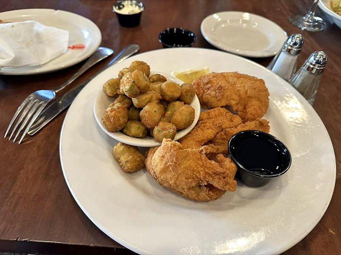 Golden-fried flounder that's crispy outside, flaky inside, paired with what appears to be fried okra&mdash;Southern comfort food that speaks fluent delicious.