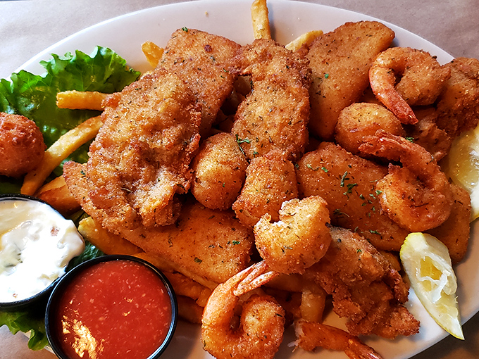 Golden treasures from the deep. This mountain of perfectly fried seafood makes you wonder why anyone would ever eat anything else.