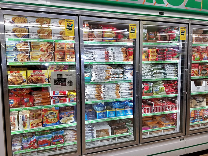 Frozen food treasures behind glass doors - like a museum exhibit you can actually take home and eat.