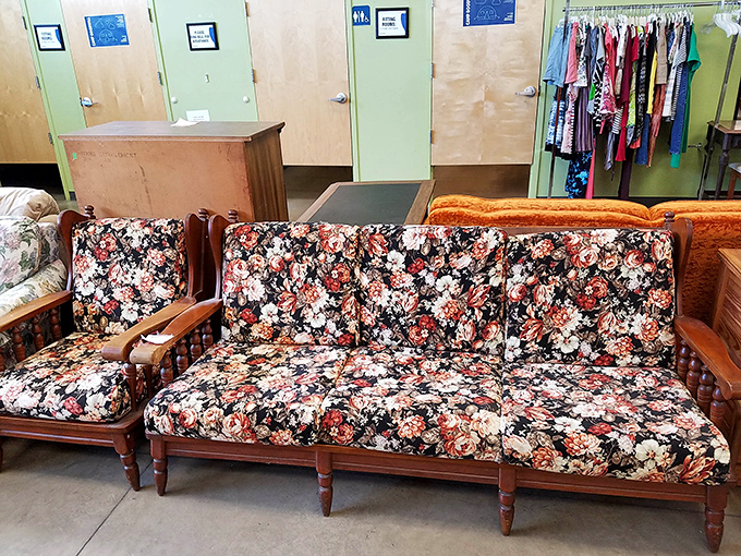 That floral sofa isn't just seating &ndash; it's a 1970s living room waiting to tell stories in your modern apartment.