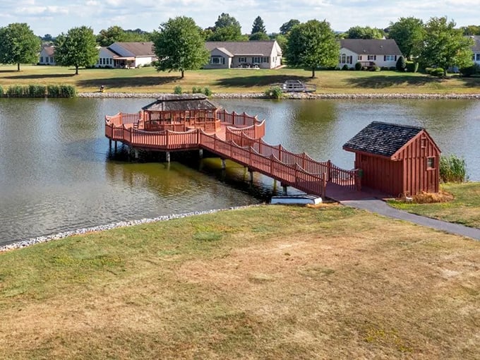 This lakeside gazebo isn't just Instagram-worthy &ndash; it's life-worthy. A wooden sanctuary extending over water that practically begs for sunset gatherings.