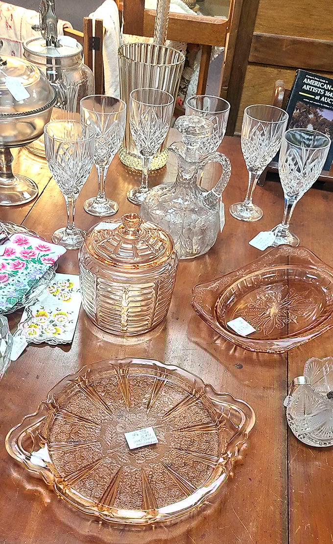 Crystal clear memories await in the glassware section, where your grandmother's favorite pattern might be hiding among the sparkling treasures.