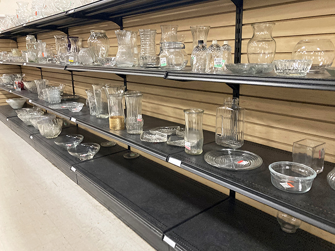 Crystal clear opportunities line these shelves, where vintage glassware awaits new dinner parties and someone's grandmother's punch bowl finds a second life.