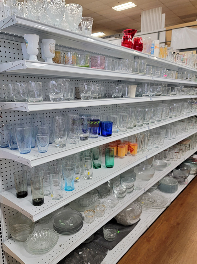 The glassware aisle: where your dinner party dreams come true without the nightmare price tags. Crystal and everyday options peacefully coexist.