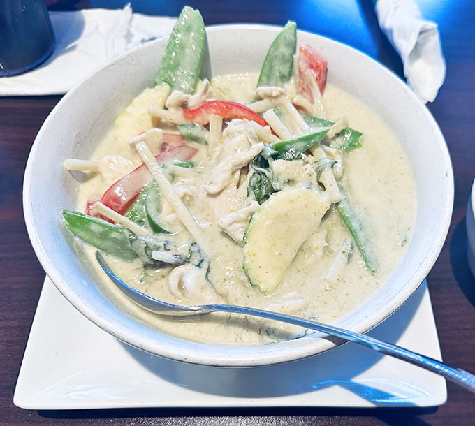This coconut-rich green curry is the equivalent of a warm hug in bowl form, with vegetables swimming happily in aromatic bliss.