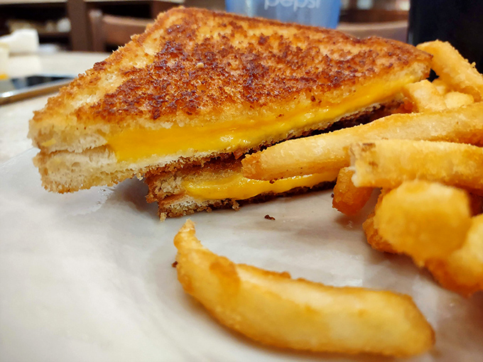 A grilled cheese sandwich elevated to art form &ndash; perfectly browned bread, melty cheese that stretches with each bite, and fries that demand to be savored.