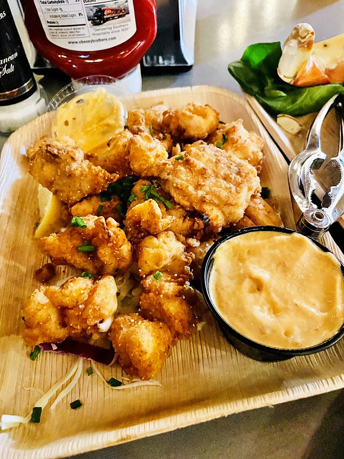 Golden grouper cheeks with chipotle aioli look like tiny treasure nuggets from the deep blue sea.