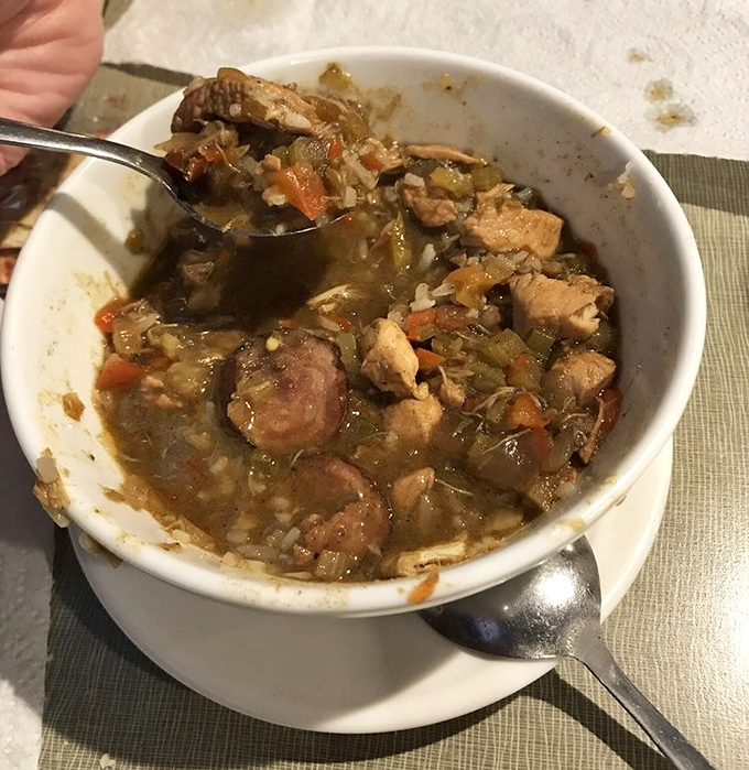 Not just gumbo, but a bowl of Louisiana soul. Each spoonful tells a story of sausage, chicken, and vegetables dancing in perfect harmony.