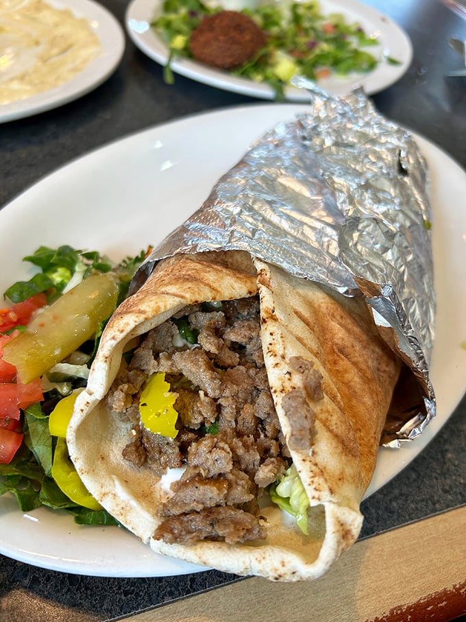 The gyro arrives perfectly wrapped, ready to deliver layers of flavor that'll make your taste buds stand up and applaud.