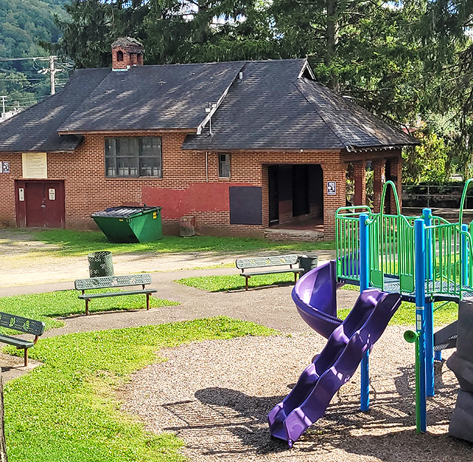 Childhood joy preserved in purple slides and green swings – a neighborhood park where kids still play outside instead of leveling up on screens.