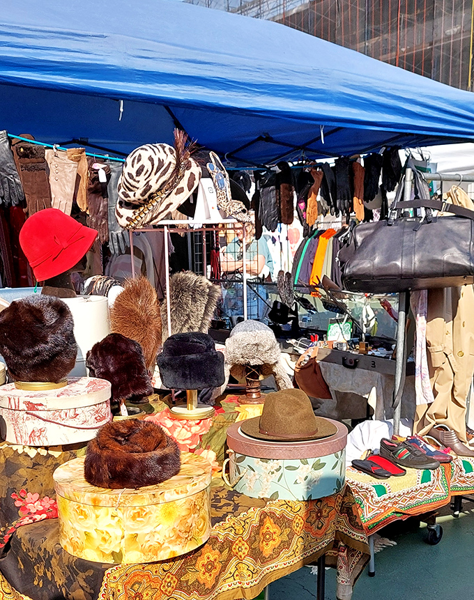 A hat lover's paradise where fedoras, fur caps, and fashion statements from bygone eras await their moment to crown a new owner.
