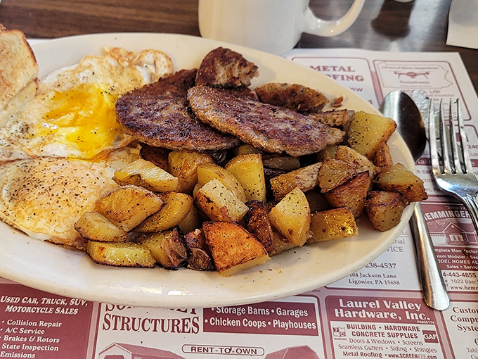 Breakfast done right – crispy home fries, perfectly cooked eggs, and sausage patties that would make your cardiologist nervous but your taste buds ecstatic.