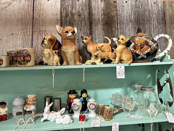 A menagerie of vintage figurines stands at attention. Those chihuahuas have witnessed decades of history from their mint-green shelf.