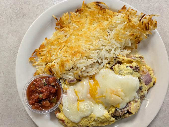 Breakfast done right—a cheese-laden omelet meets perfectly crispy hash browns in a plate-filling partnership that would make any morning person smile.
