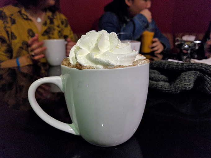 Hot chocolate that doesn't know it's not in the Swiss Alps. That whipped cream mountain deserves its own topographical map.