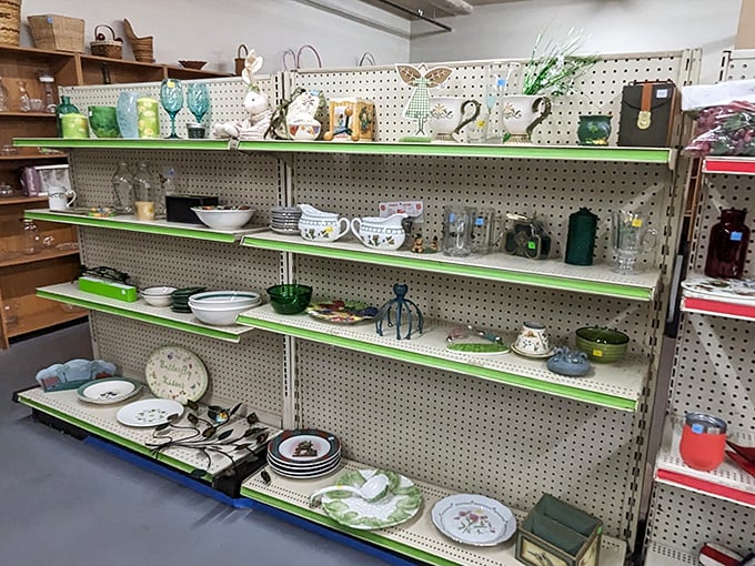These shelves hold the supporting characters of countless family dinners&mdash;plates that served birthday cakes and mugs that warmed hands on winter mornings.