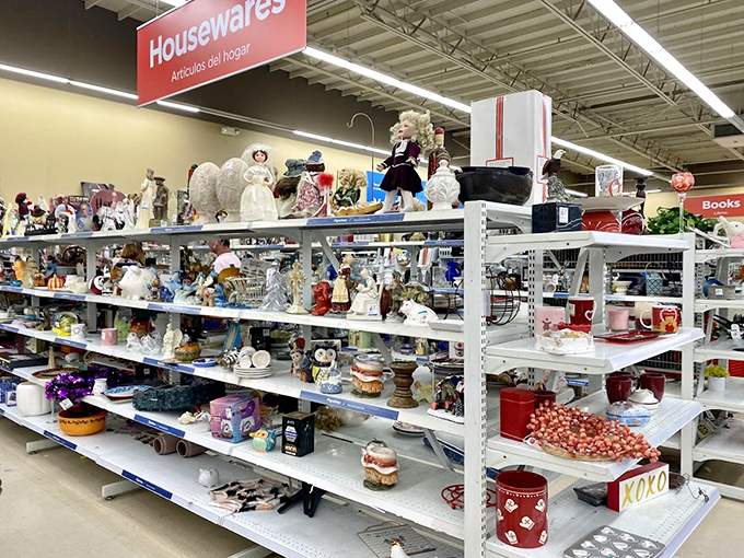 The housewares section &ndash; where your grandmother's cherished serving pieces mingle with quirky mugs that tell stories of vacations past.