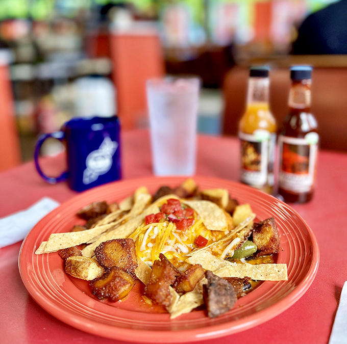 Breakfast alchemy at its finest&mdash;crispy potatoes, melty cheese, and fresh toppings create a morning fiesta that coffee alone can't match.