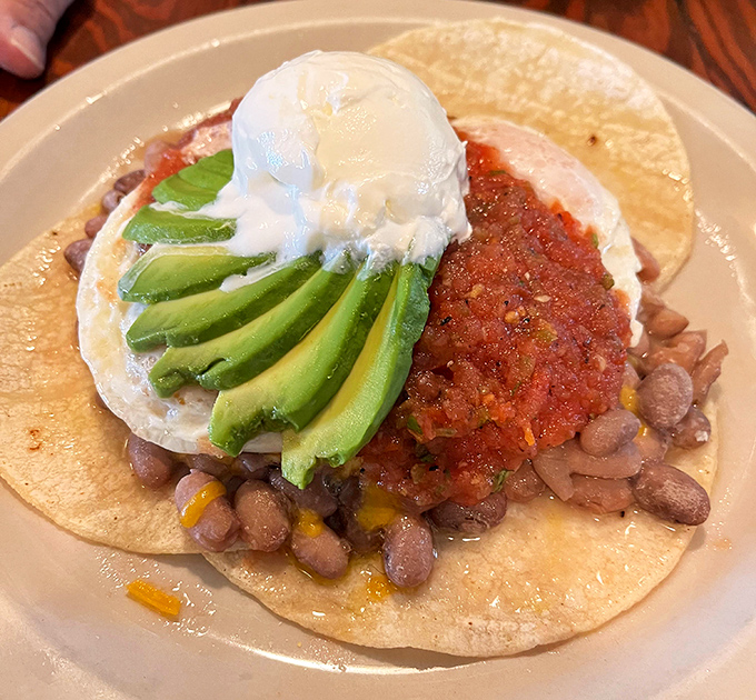 This isn't just breakfast &ndash; it's edible sunshine. Avocado slices fanned out like a peacock proud of its tortilla throne.