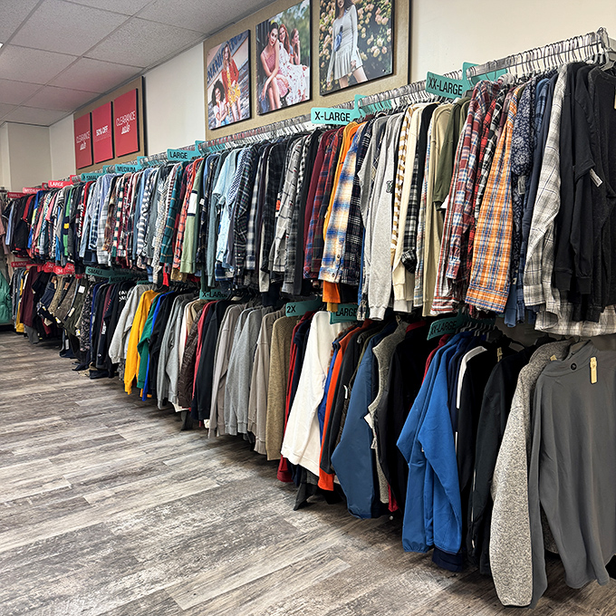 The men's section: where flannel dreams come true. Organized by size with those handy turquoise markers&mdash;shopping efficiency at its finest!