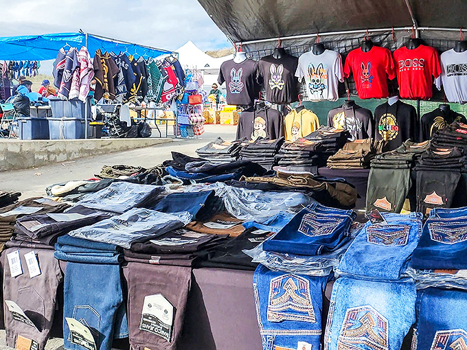 Denim paradise! These stacks of jeans and graphic tees could outfit a small army of weekend warriors ready for casual Friday.