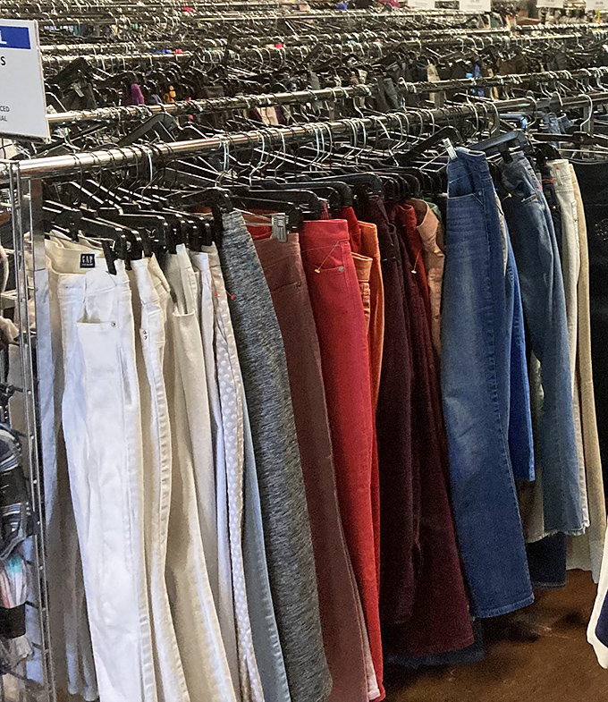 Color-coded denim organized by shade makes finding your perfect pair easier than explaining TikTok to your grandkids.