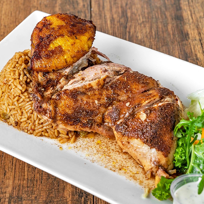 That charred jerk chicken with rice and sweet plantain is comfort food that means serious business.