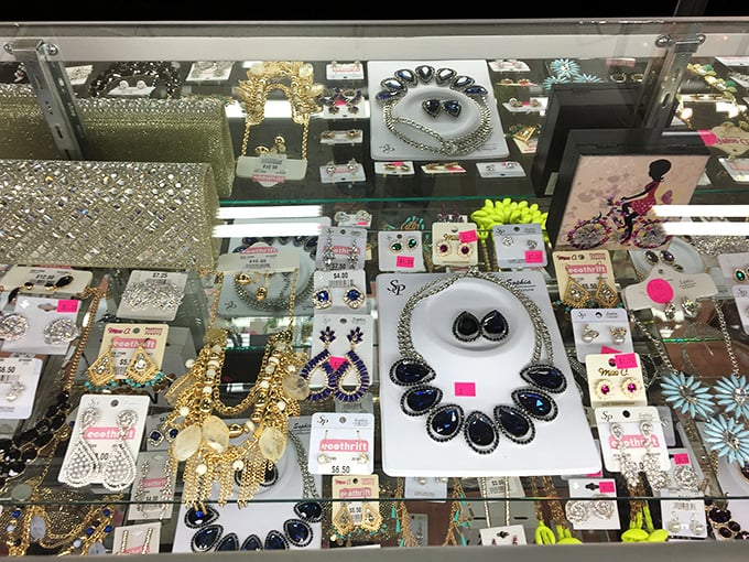 Behind this glass lies costume jewelry that occasionally hides genuine treasures&mdash;thrifting's equivalent of finding the golden ticket.