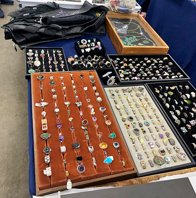 Treasure islands of jewelry where rings, bracelets, and necklaces wait for their second act. Each piece whispering tales of celebrations past.