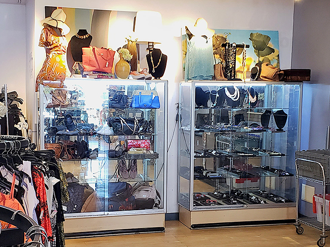 The jewelry display cases function as time capsules of fashion eras gone by. Vintage accessories waiting for their second act on your wrist or neck.